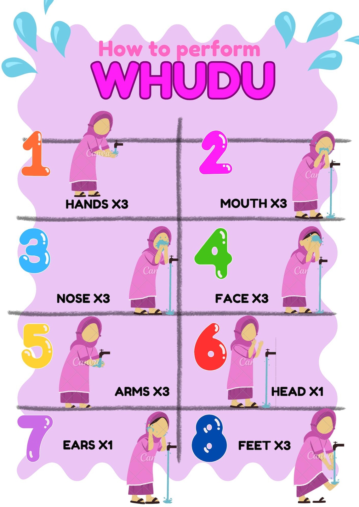 Wudu Chart Printable, Wudu Sequence, Children's Wudu Chart, Girls Wudu ...