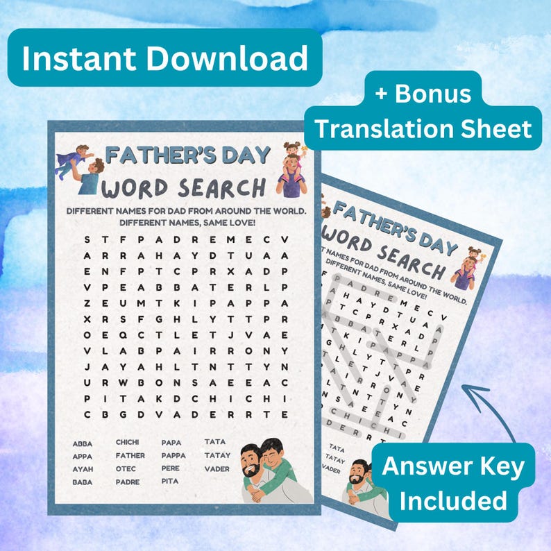 Father's Day Word Search Activity Sheet - Digital Download, Different ...