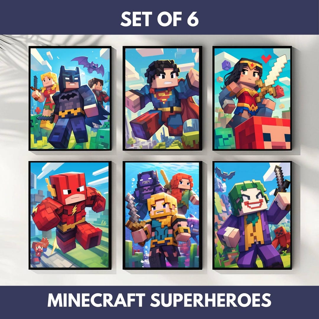Set of 6, Minecraft Superhero Poster, Superhero Wall Art, Superhero ...
