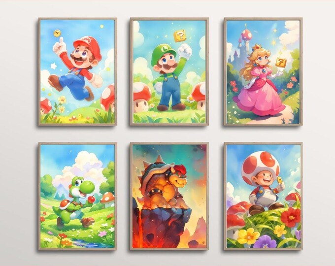 Set of 3 - Super Mario Collection in Color Digital Prints, Nintendo Fan ...