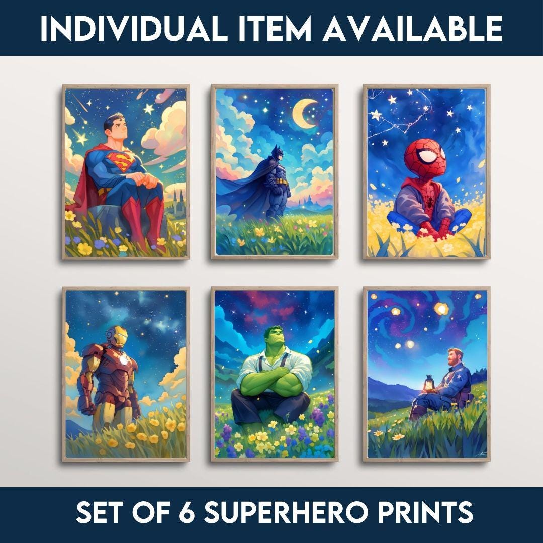 Set of 6 Superhero Nursery Wall Prints, Watercolor Illustration ...