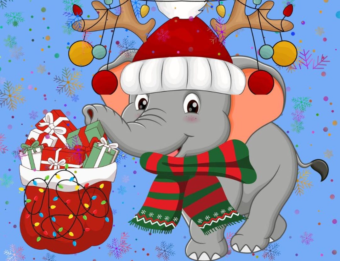 Animated Cute Elephant Christmas Digital Download Postcard Card Print ...