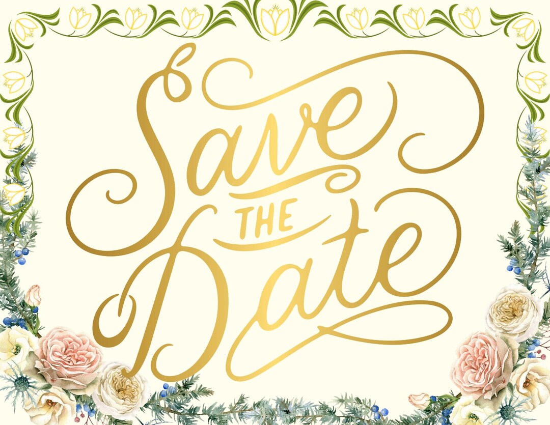 Animated Quote Elegant Cursive Save the Date in Gold Ink and Flower ...