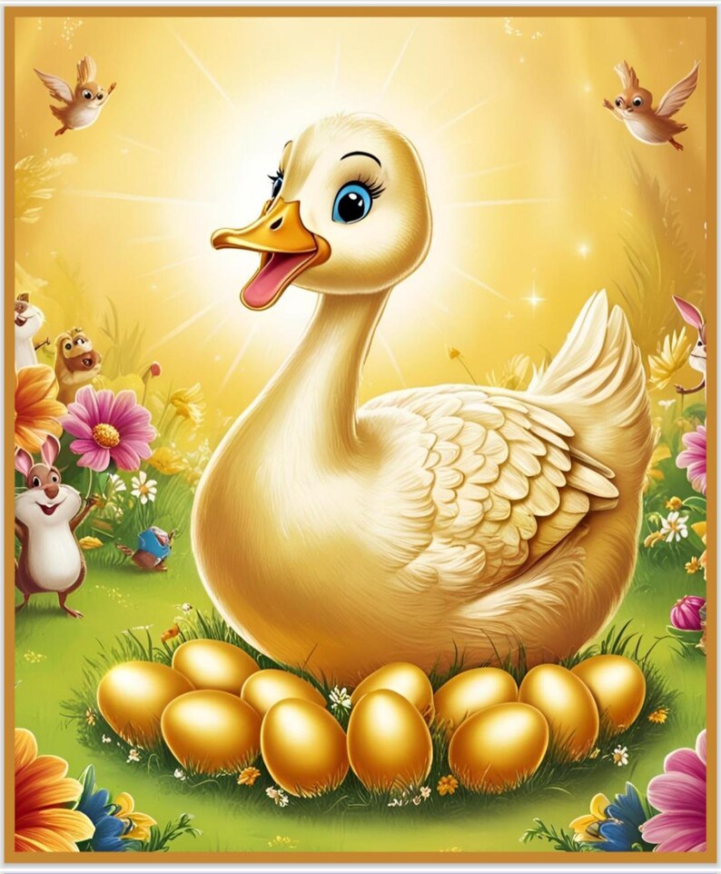 Animated Golden Goose With Golden Eggs With Flower Nature Background ...