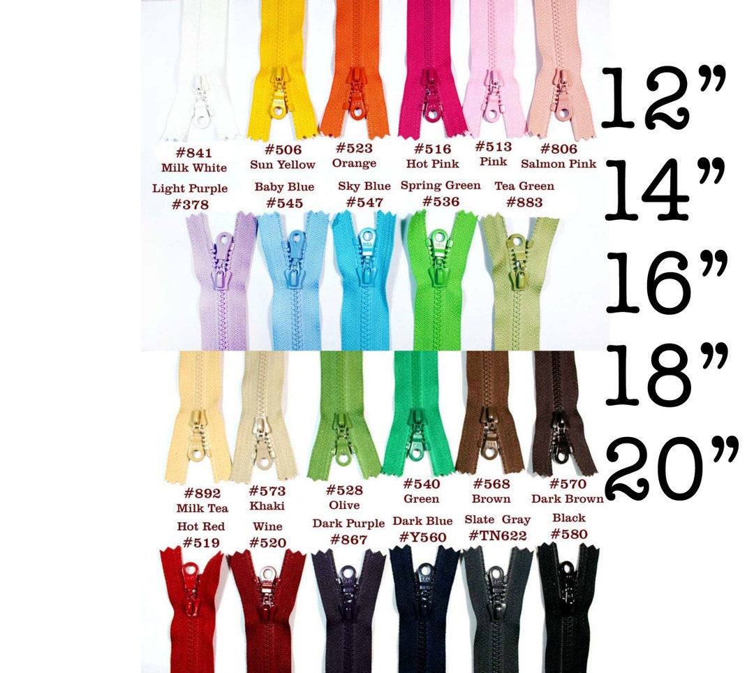 YKK No.5 Vislon Zippers 12" to 20" by the Dozen - Mix and Match From 23 ...
