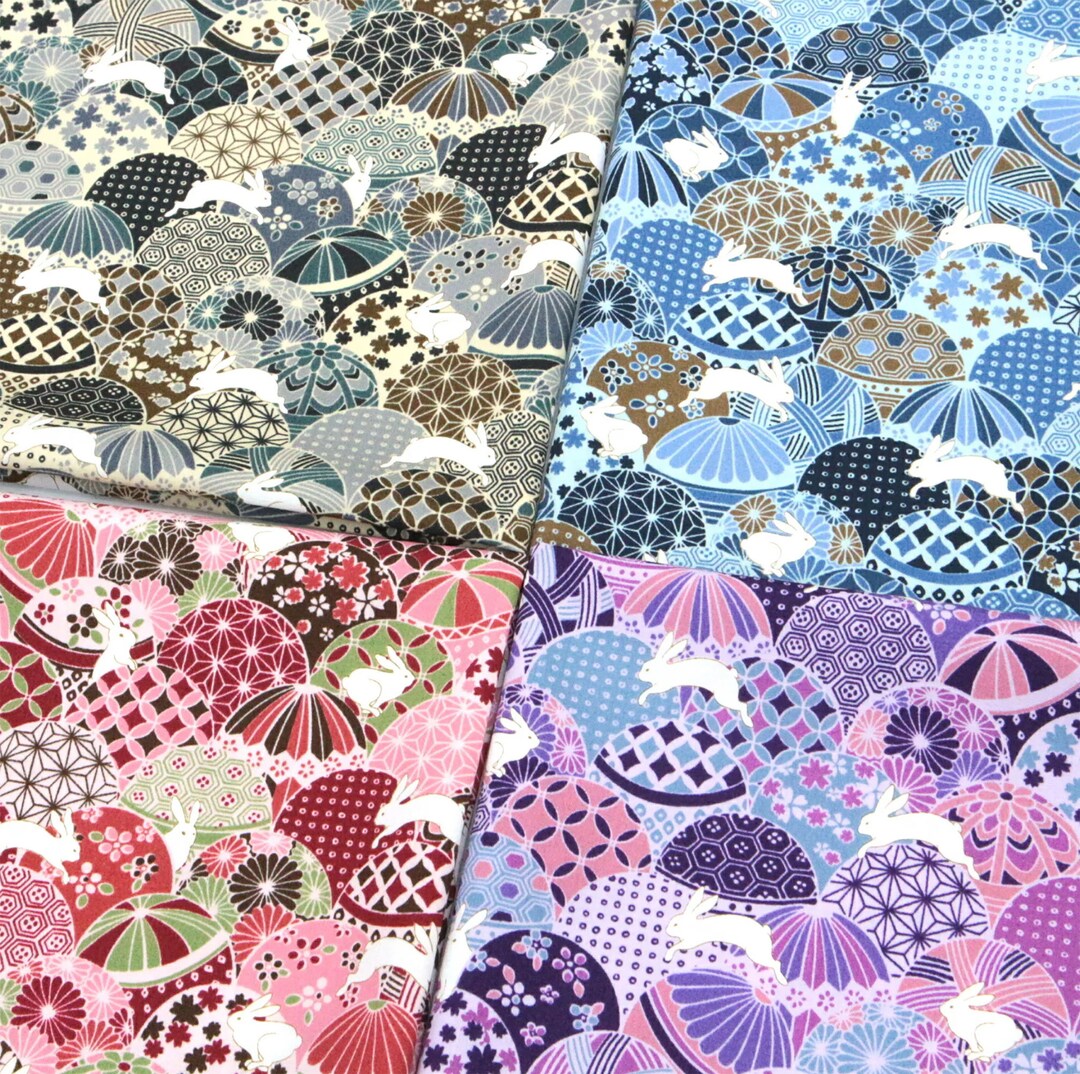 Rabbits & Domes in Wagara Patterns, Japanese Cotton Fabric by the Yard ...