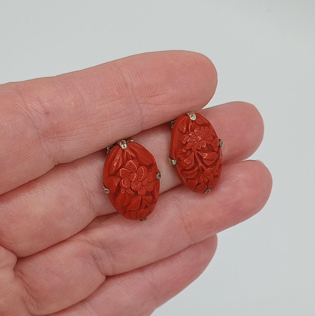 Sterling Silver Tested Carved Flower Prong Set Cinnabar Clip-on ...