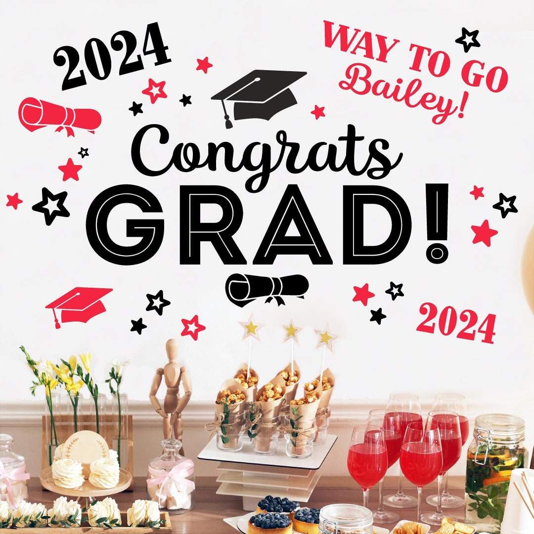 Congrats Grad Custom Name, Graduation Caps, Scrolls, Stars and Year ...