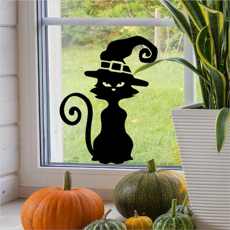 Black Cat (B) With Wtich Hat Decal Sign Bats Halloween Holiday Vinyl ...