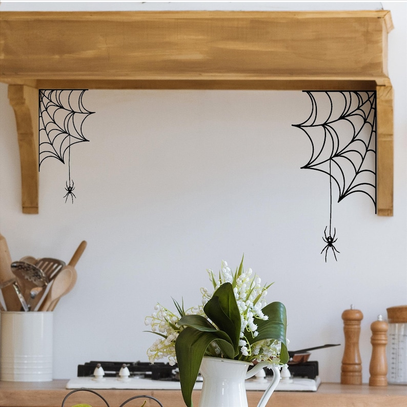 Corner Spider Web (B) With Spider Decal Sign Bats Halloween Holiday ...