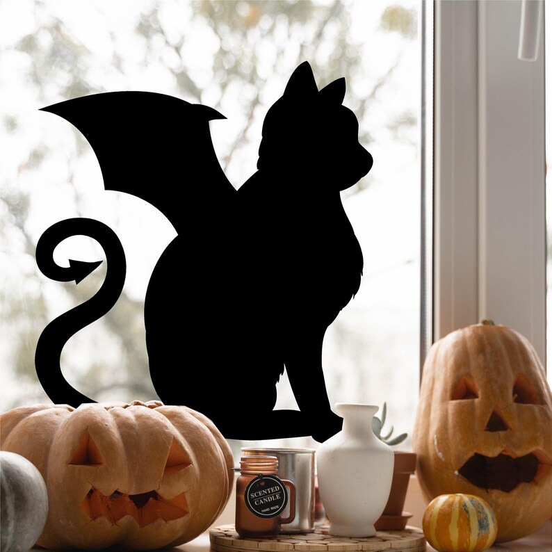 Scary Black Cat N Devil Silhouette Decal Sign Bats Halloween - Etsy