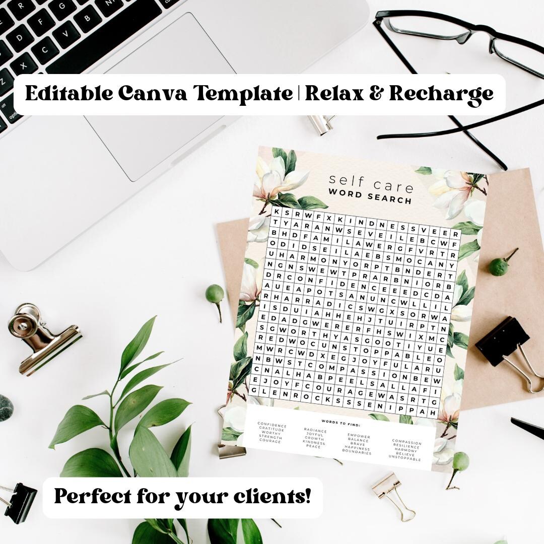 Self-care Word Search Puzzle Template Editable Canva Printable PDF ...