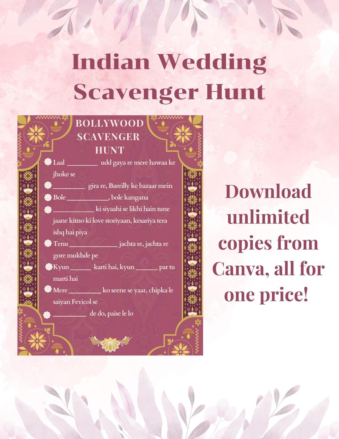 Indian Wedding Scavenger Hunt Mehendi Sangeet Dholki Shaadi Scavenger ...