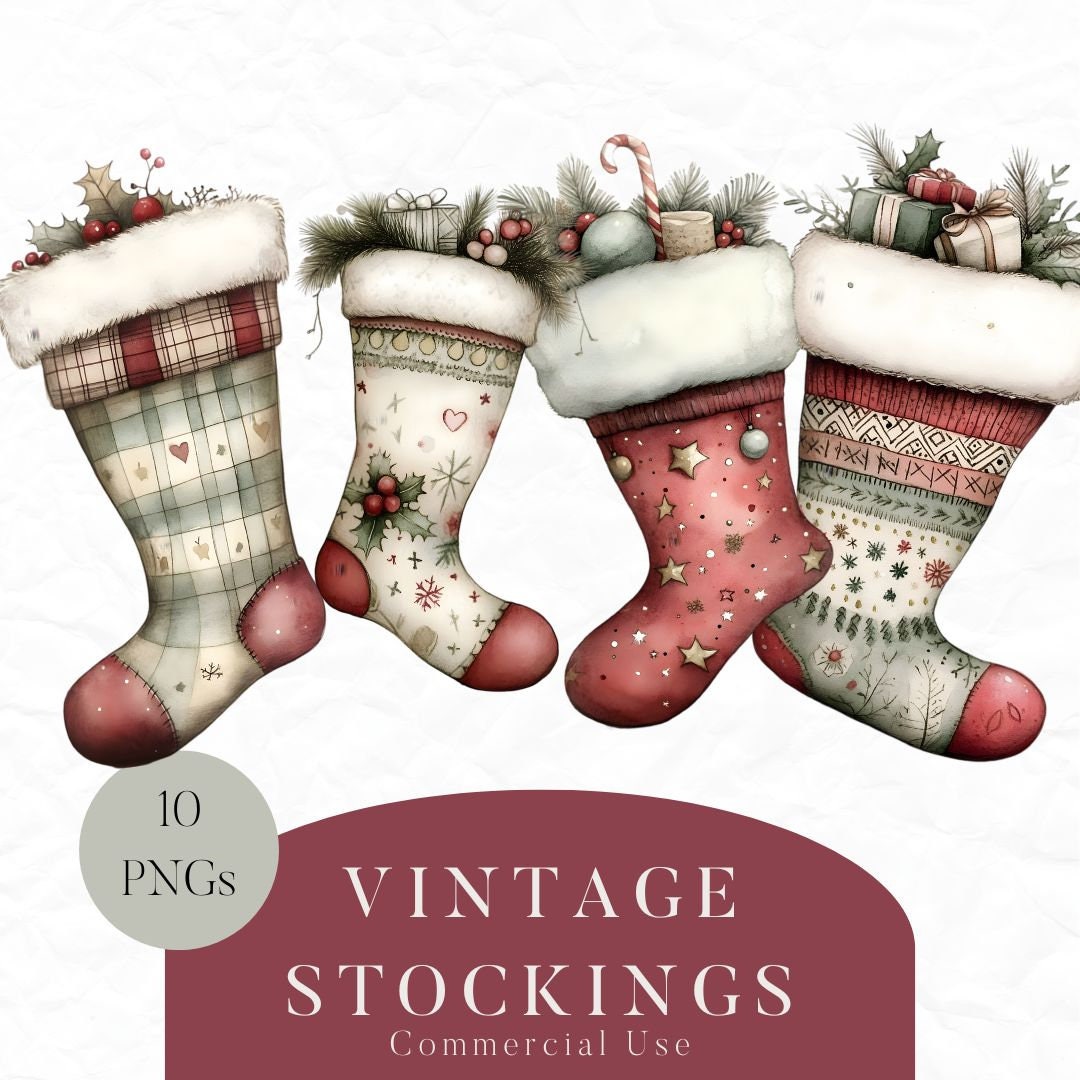 Vintage Christmas Stocking Clipart, Christmas Clipart, Xmas Clipart ...