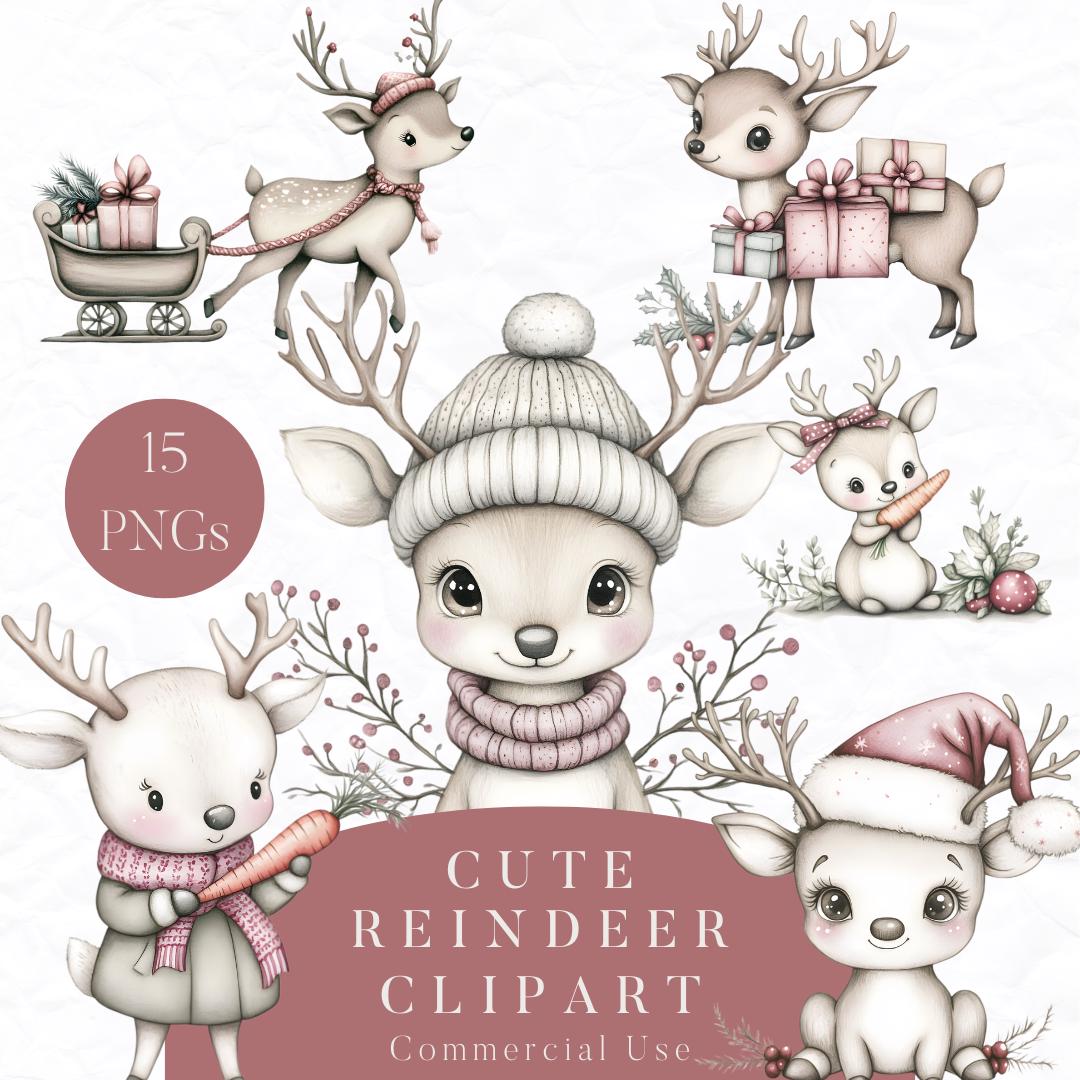 15 Cute Reindeer Clipart, Adorable Christmas PNG, Watercolor Reindeer ...