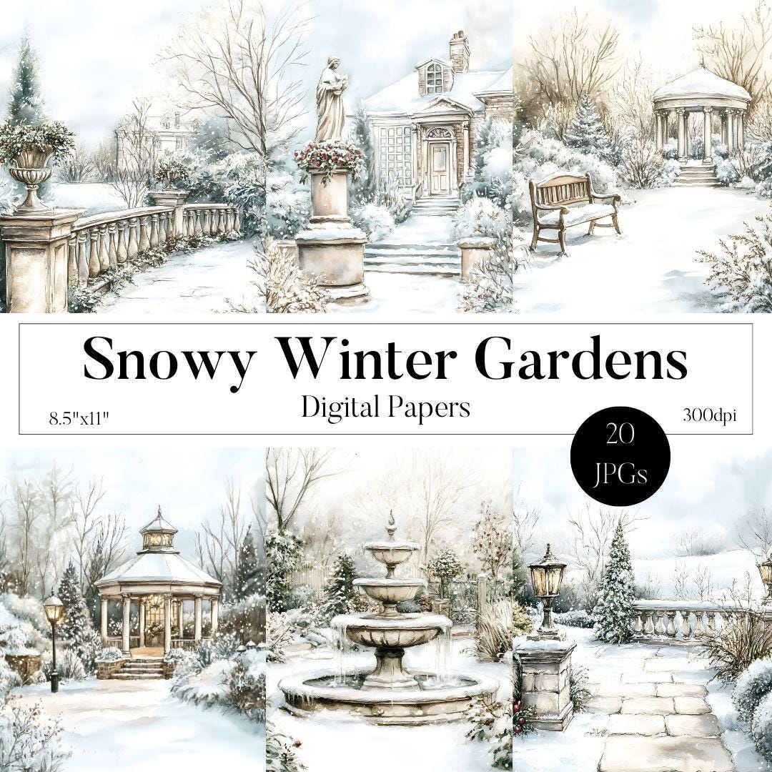 20 Snowy Winter Garden Junk Journal Pages, Snowy Landscape Printable ...