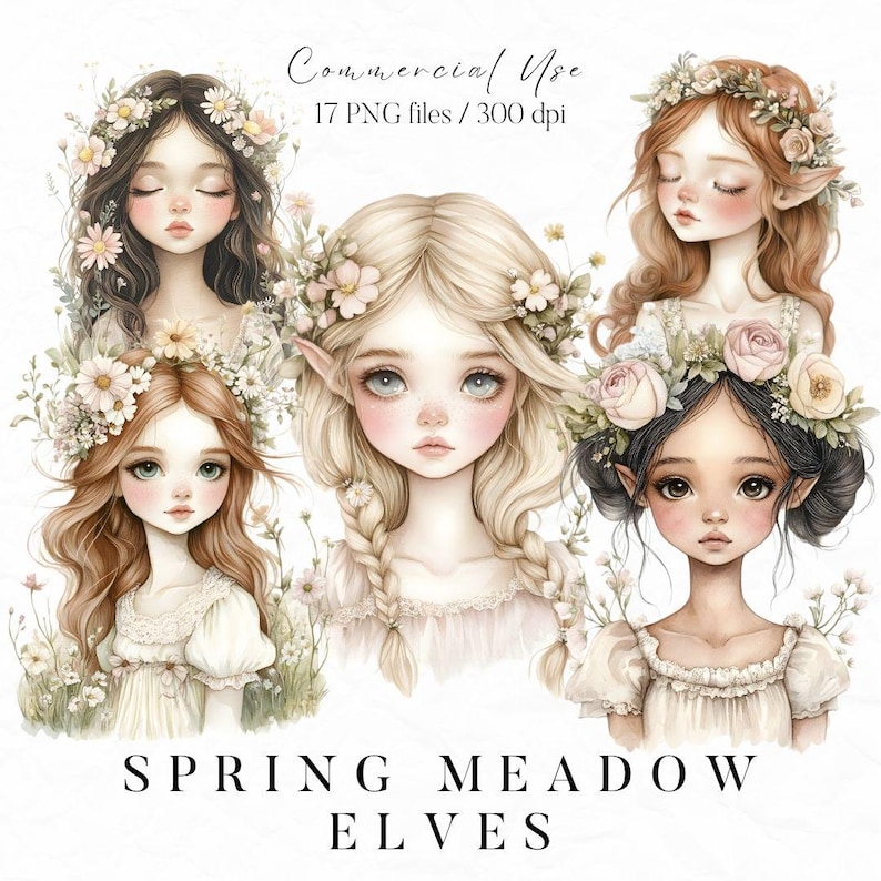 Spring Meadow Elf Portraits, Watercolor Spring Clipart, Beautiful ...