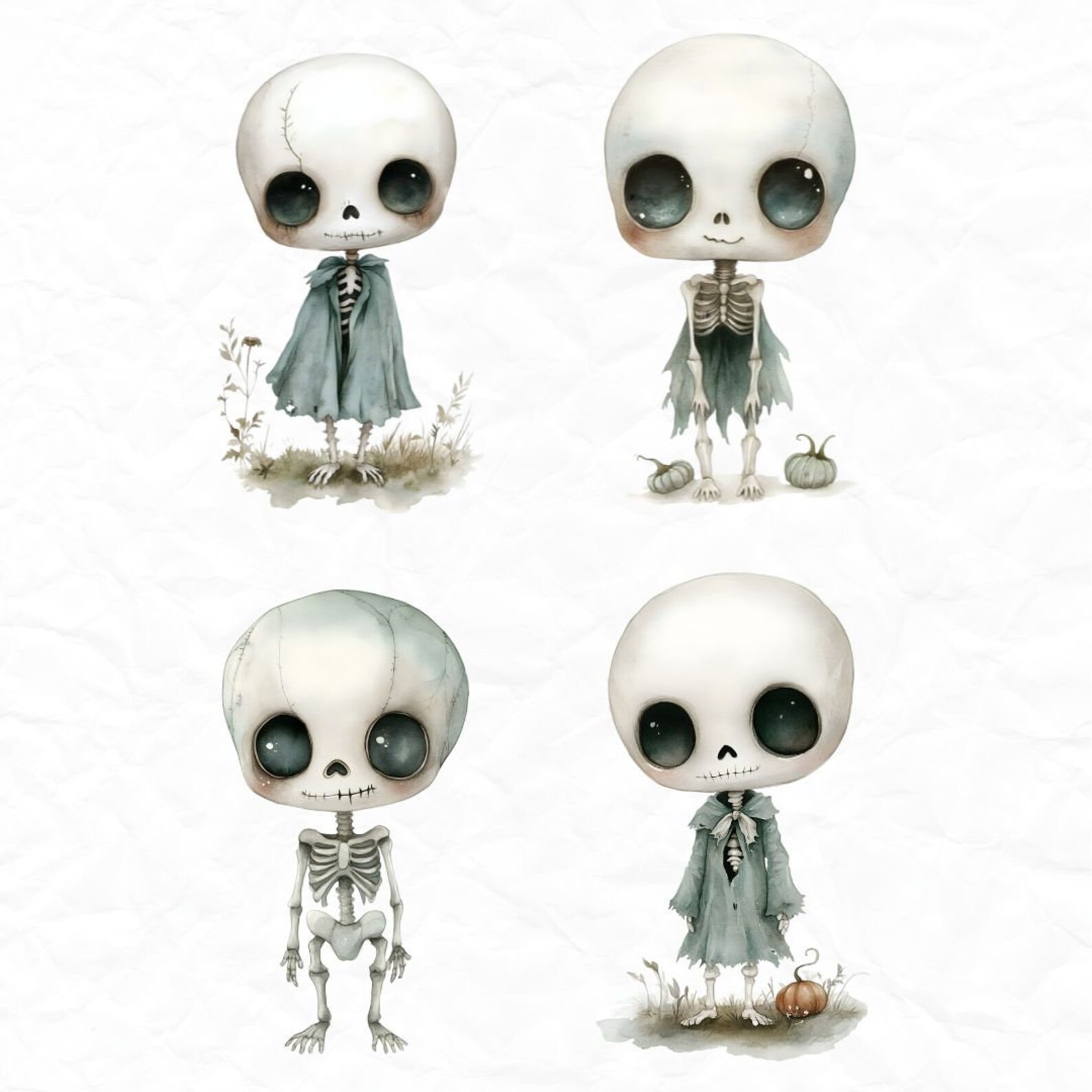 Cute Skeleton Clipart, Halloween Clipart, Spooky Clipart, Watercolor ...