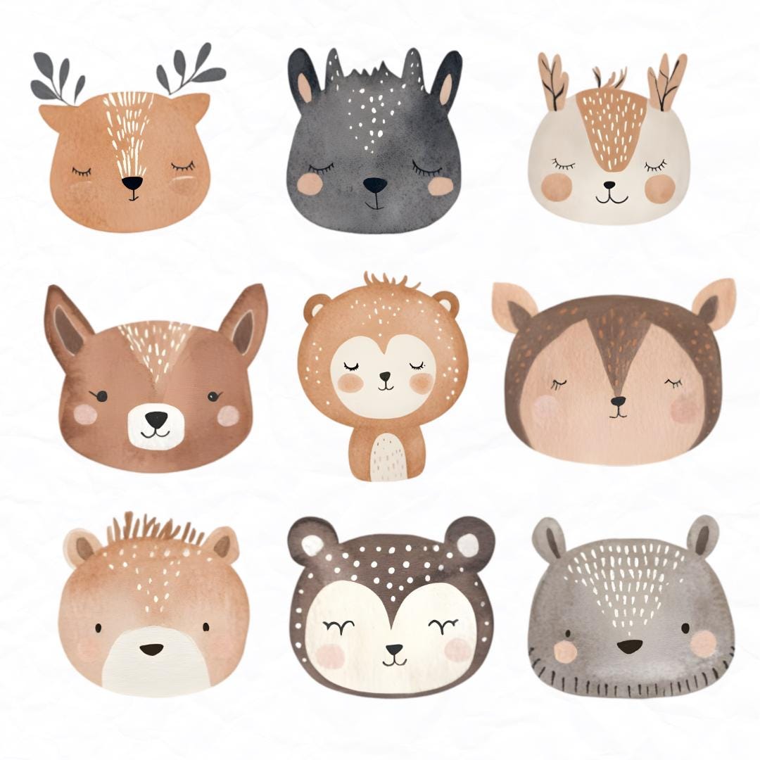 Boho Woodland Animal Face Clipart, Nursery Woodland Animals, Cute Bear ...