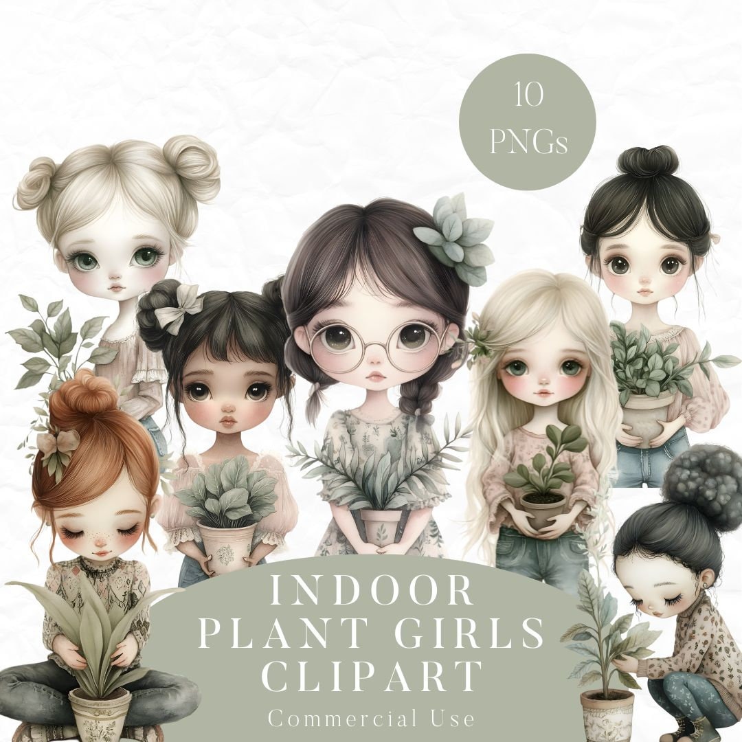 Indoor Plant Girls Clipart, Pot Plant Clipart, Gardening Clipart, Cute ...
