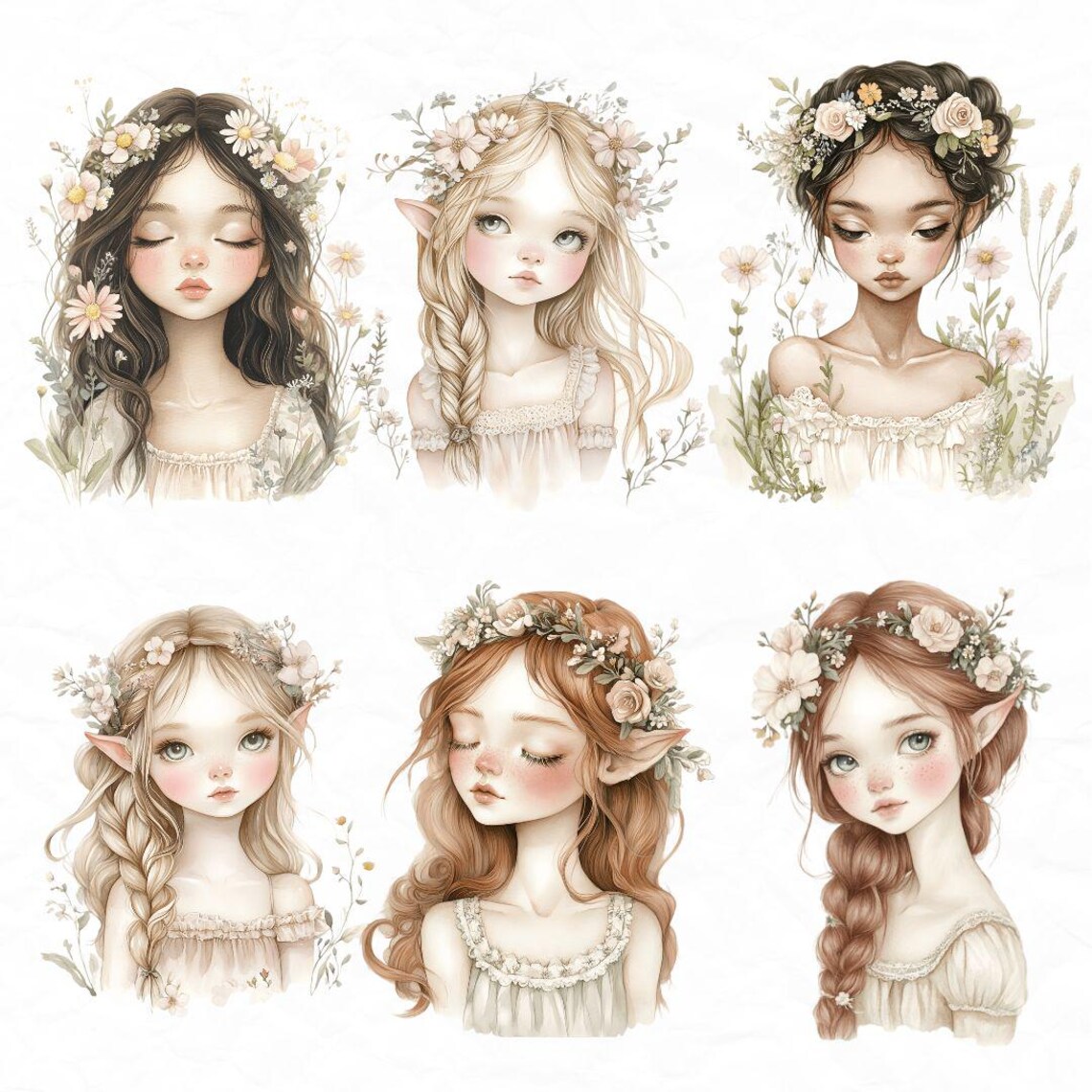Meadow Elf Portrait Clipart, Flower Fairy Clipart, Spring Floral ...