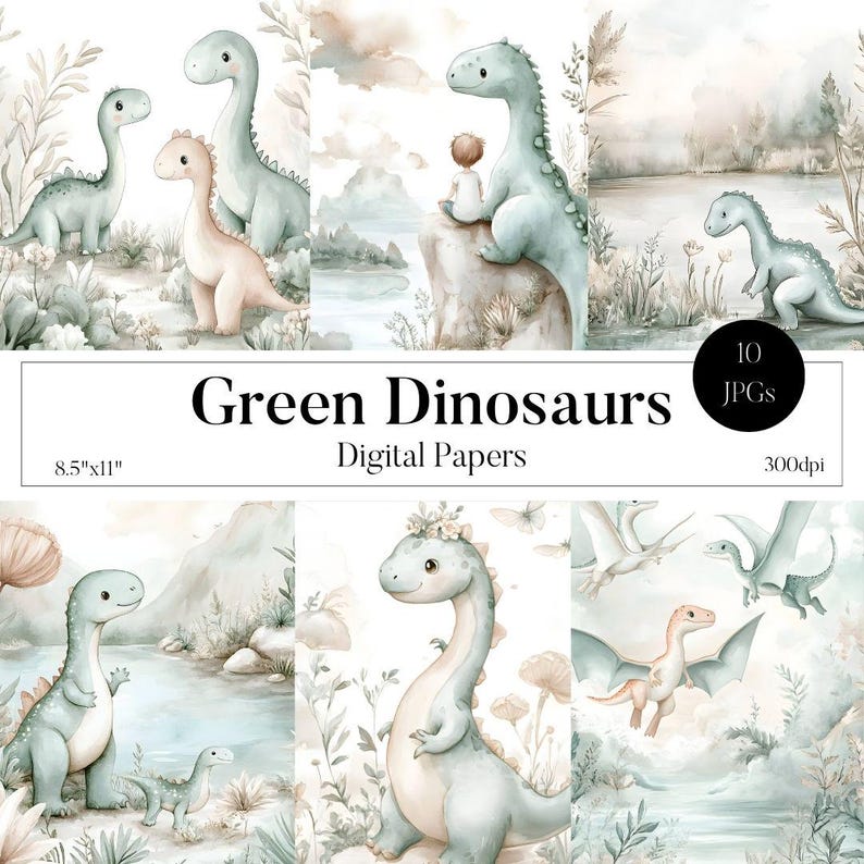 10 Watercolor Dinosaur Digital Papers, Dinosaur Scene, T-rex JPG ...
