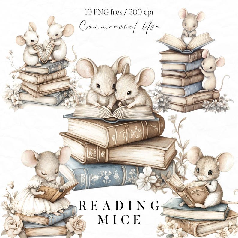 Reading Mice Clipart, Watercolor Animal Clipart, Vintage Animal Clipart ...