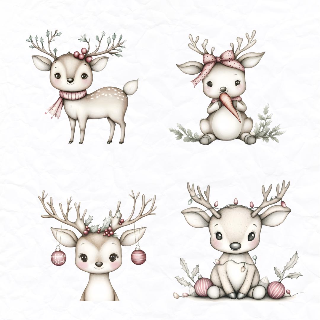 15 Cute Reindeer Clipart, Adorable Christmas PNG, Watercolor Reindeer ...