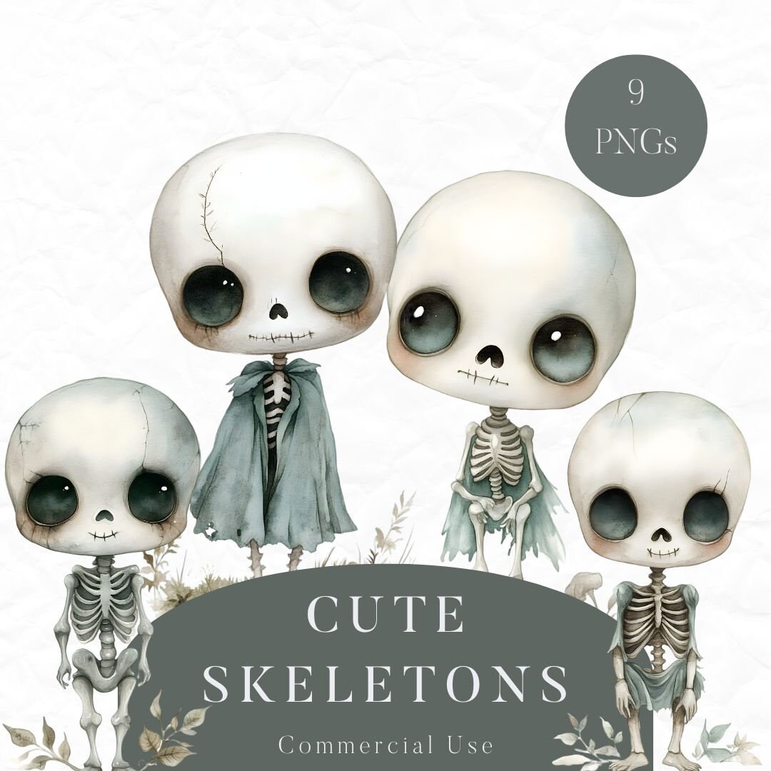 Cute Skeleton Clipart, Halloween Clipart, Spooky Clipart, Watercolor ...