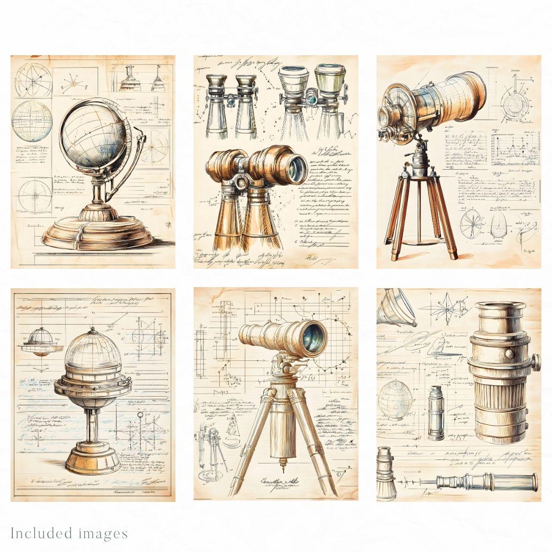 Vintage Astronomy Journal Pages, Fantasy Celestial Equipment, Steampunk ...