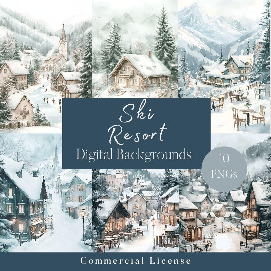 Ski Resort Winter Digital Paper, Ski Resort Background, Winter Printable Papers, Alphine Scene ...