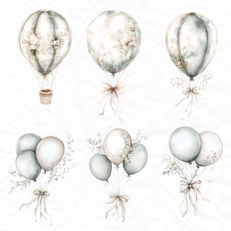 Watercolor Sage Floral Balloon Clipart, Baby Shower Balloon Clipart ...