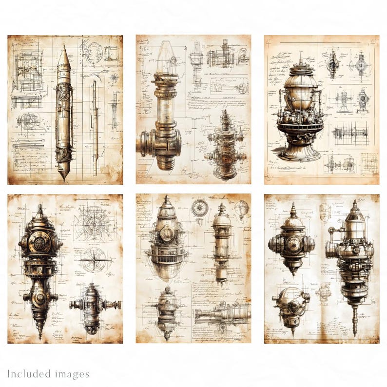 Steampunk Drawings Junk Journal Pages, Digital Industrial Paper ...