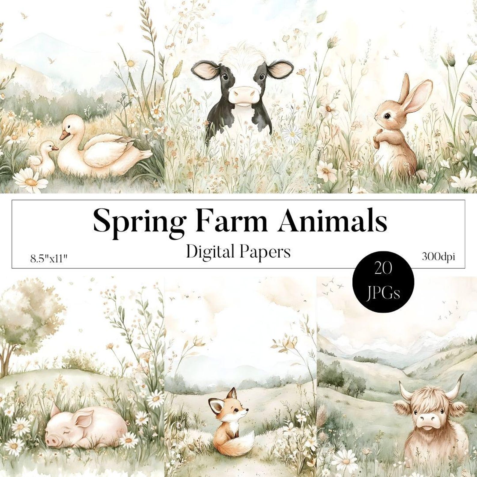 Watercolor Spring Farm Animals Digital Papers, Farm Animal Junk Journal ...