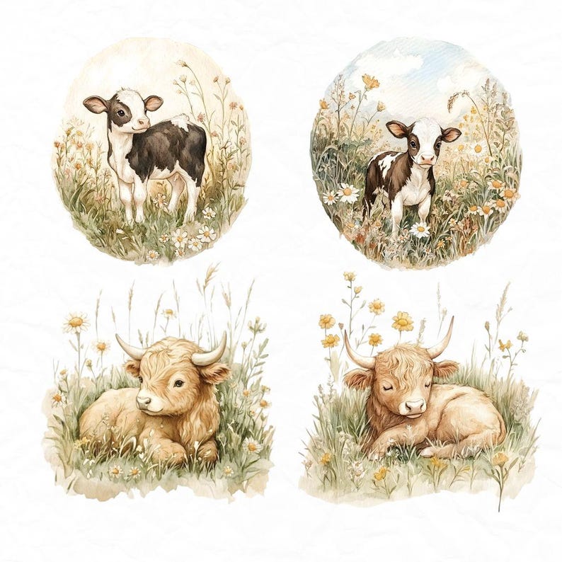 Spring Cute Cows Clipart, Cute Calves Clipart, Highland Cow PNG, Spring ...