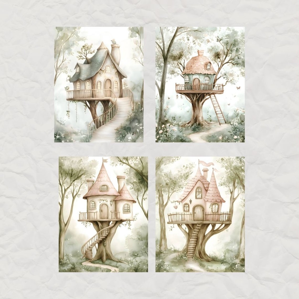 10 Watercolor Treehouse Background Scenes, Whimsical Treehouse, Forest ...