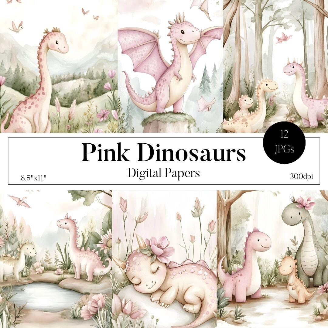 12 Watercolor Pink Dinosaur Junk Journal, Girly Dinosaur Digital Paper ...