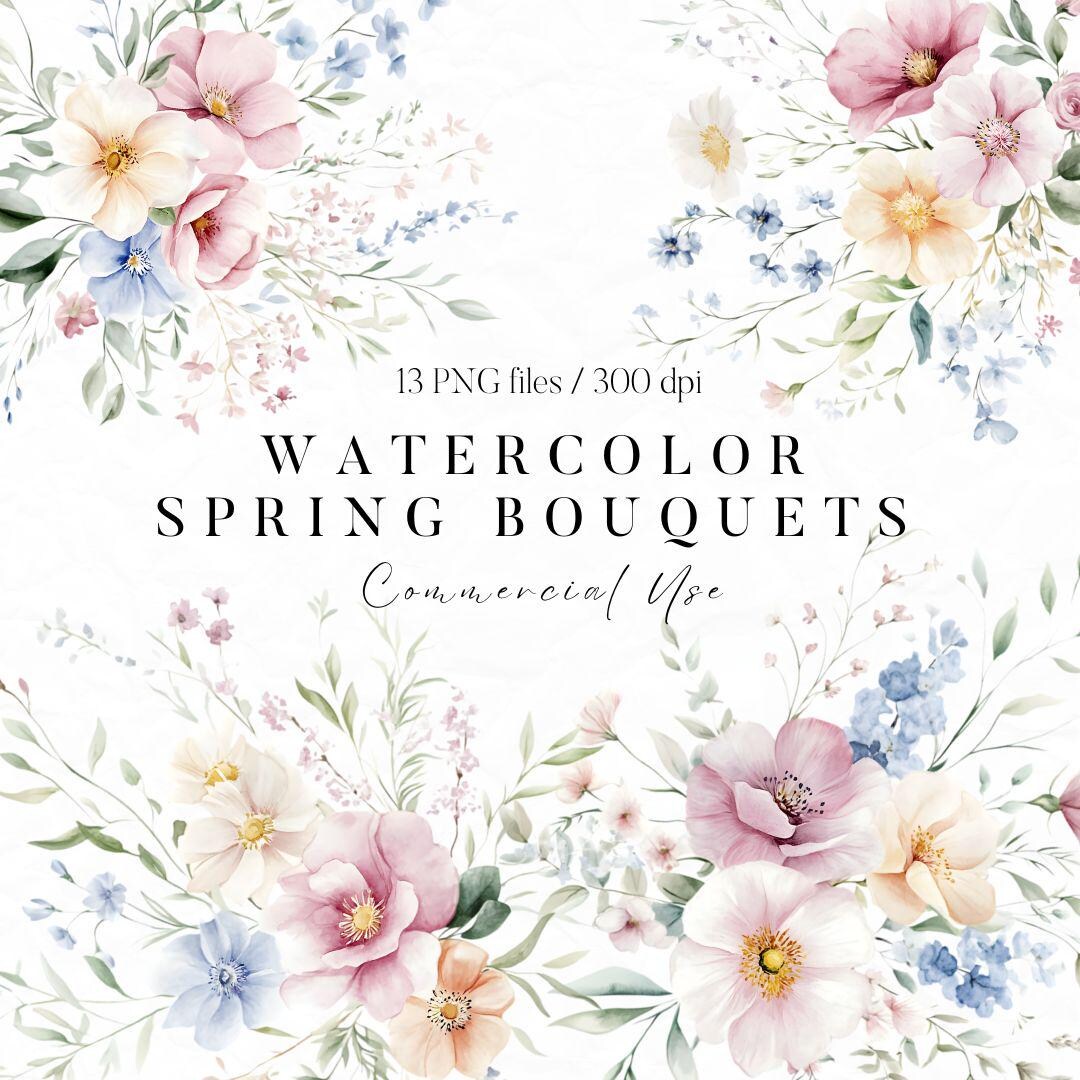Watercolor Spring Bouquets Clipart Pack, Wedding Invitation Floral ...