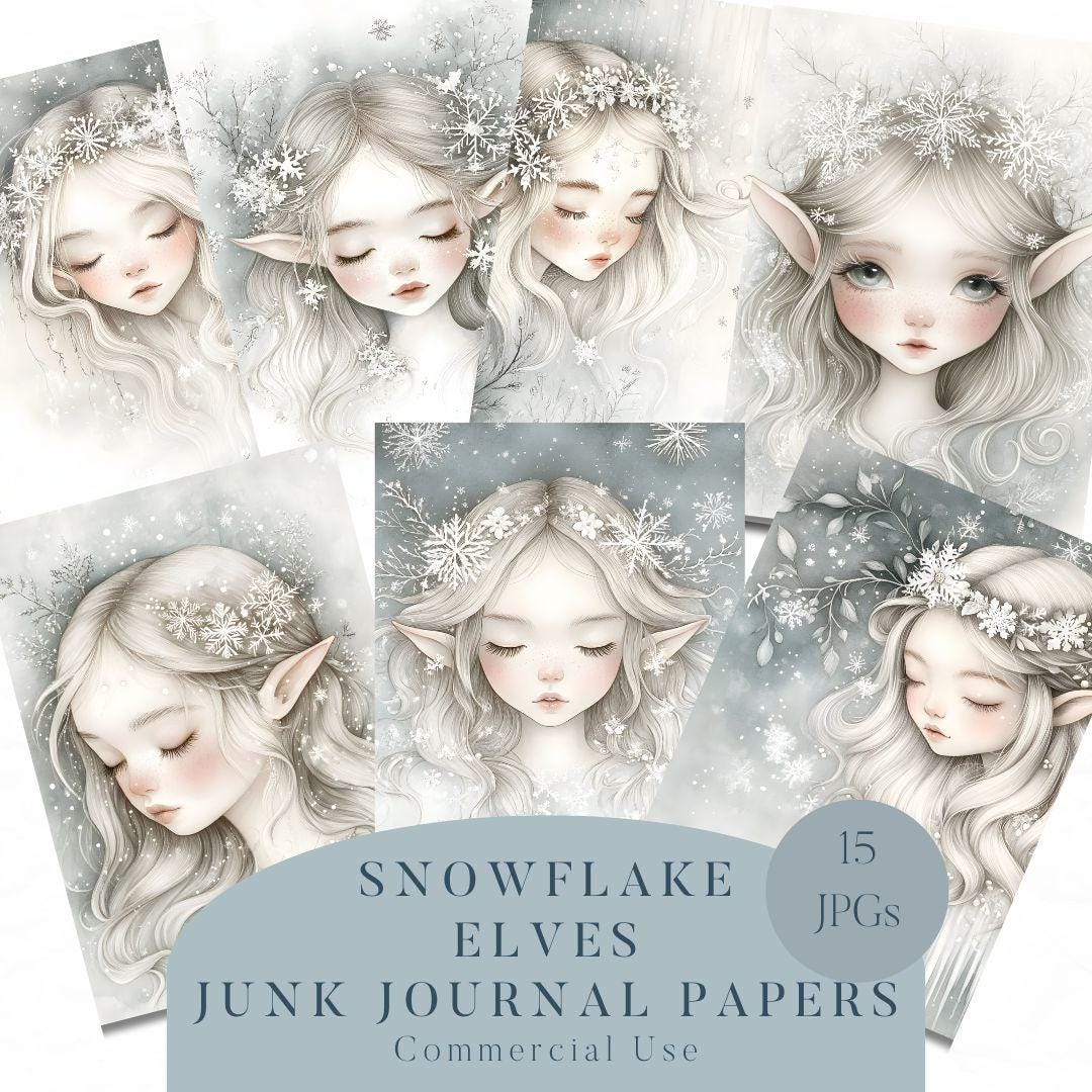 Snowflake Elves Junk Journal Papers, Winter Printable Paper, Mystical ...