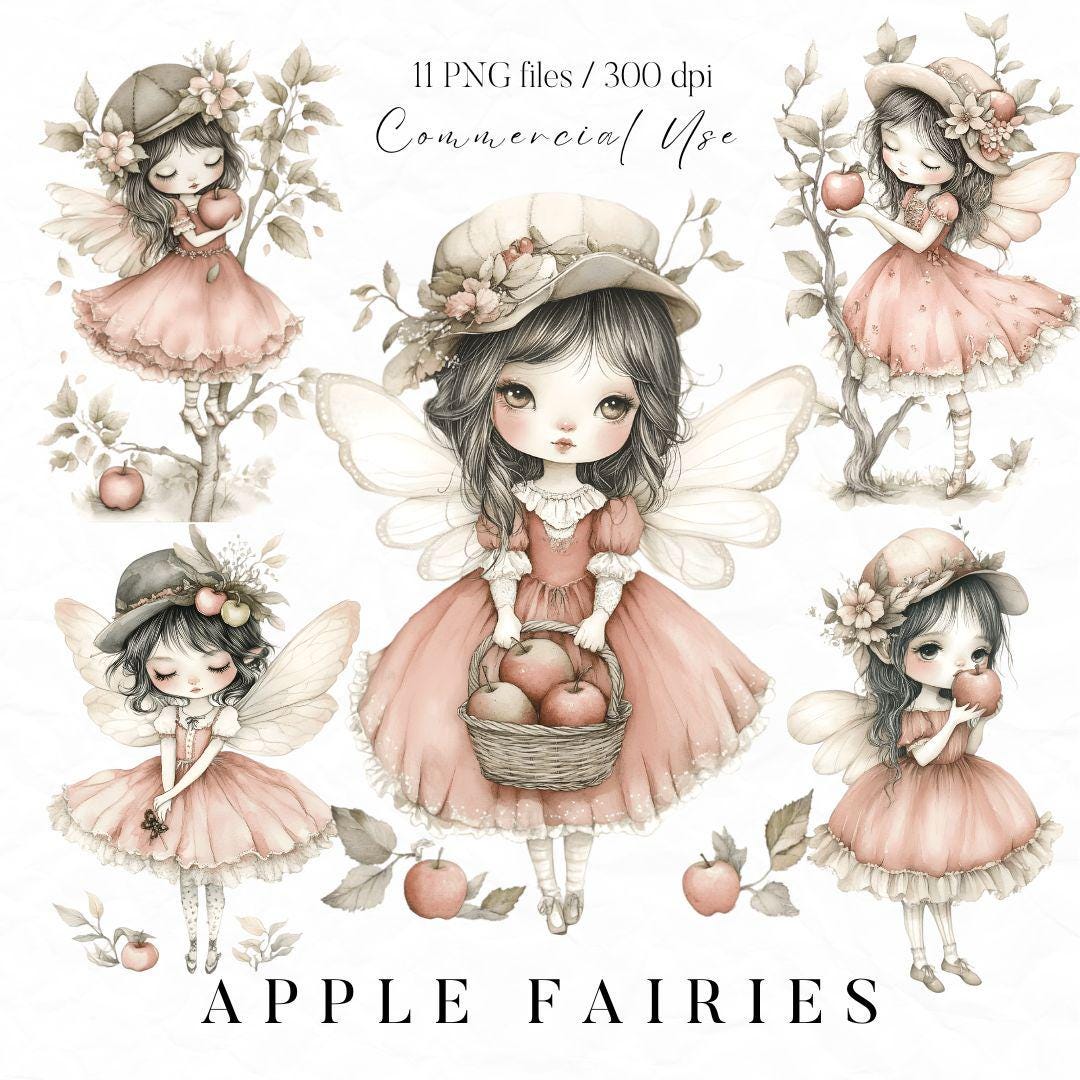 Watercolor Apple Fairies, Quirky Fairy Clipart, Fruit Fairy Clipart ...