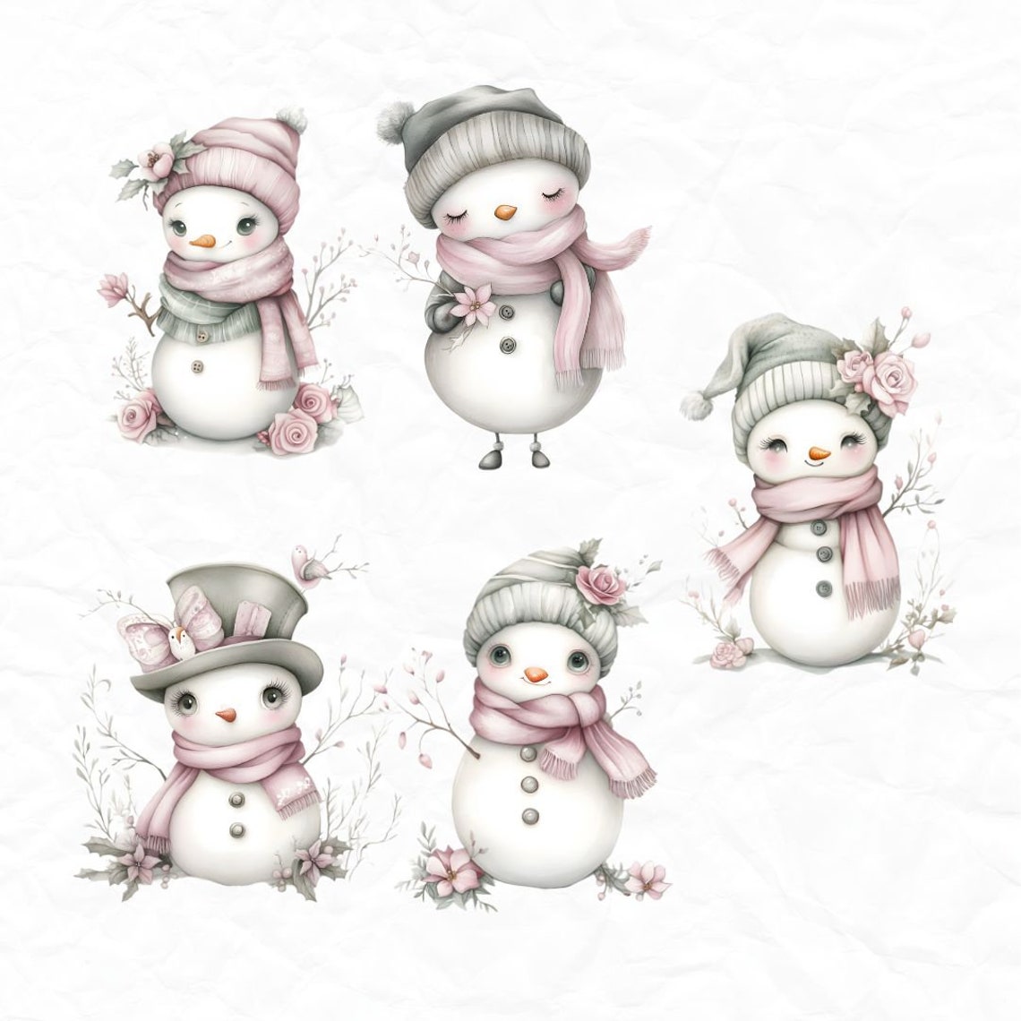Floral Snowman Clipart, Pink Snowman Clipart, Watercolor Snowman ...