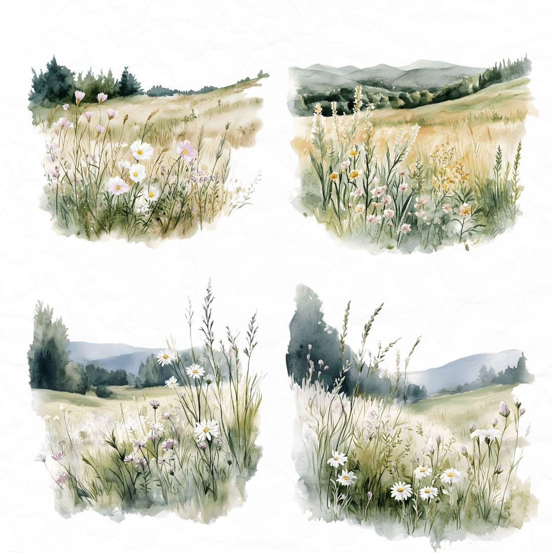 Wildflower Meadows Clipart, Watercolor Scenery, Spring Landscape ...