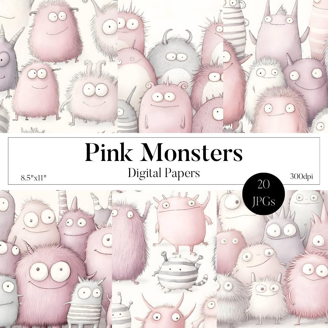 20 Pink Cute Monsters Junk Journal Pages, Friendly Monsters Digital ...
