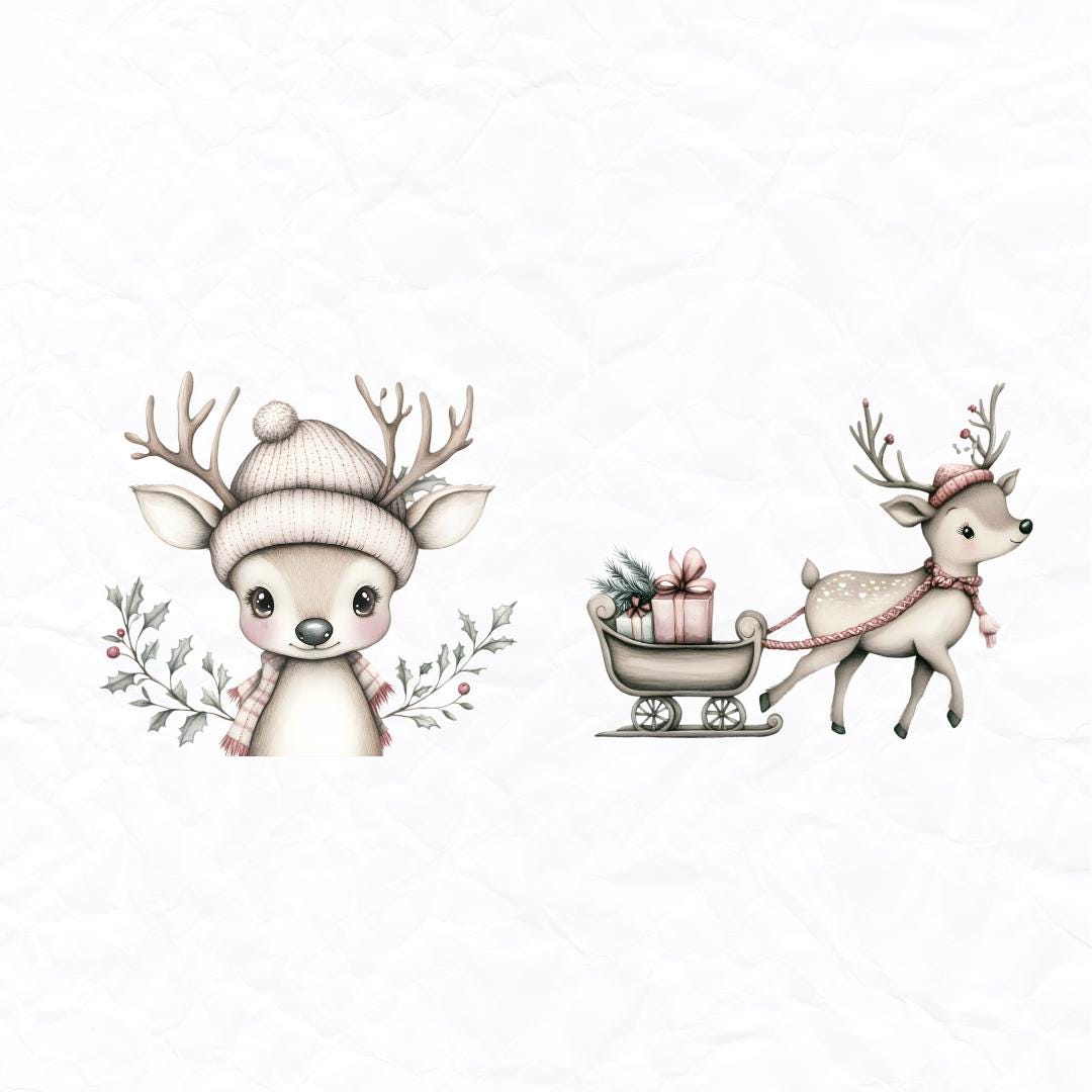 15 Cute Reindeer Clipart, Adorable Christmas PNG, Watercolor Reindeer ...