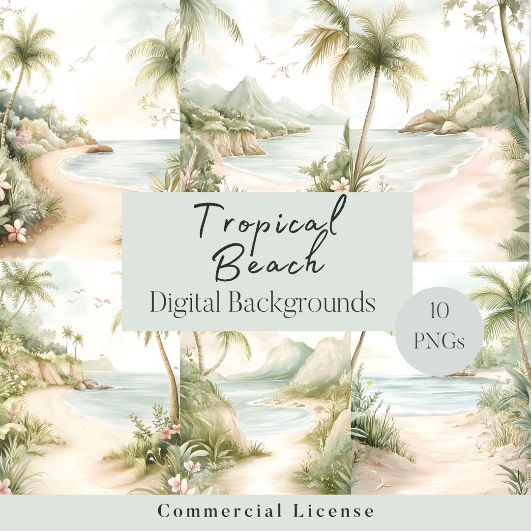 Tropical Island Beach Backgrounds, Beach Landscape, Watercolor ...