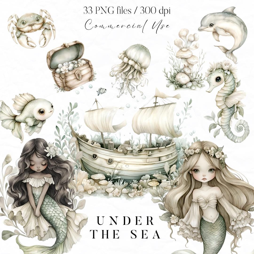 Under the Sea Clipart Pack, Mermaid Clipart, Ocean Clipart, Shipwreck ...