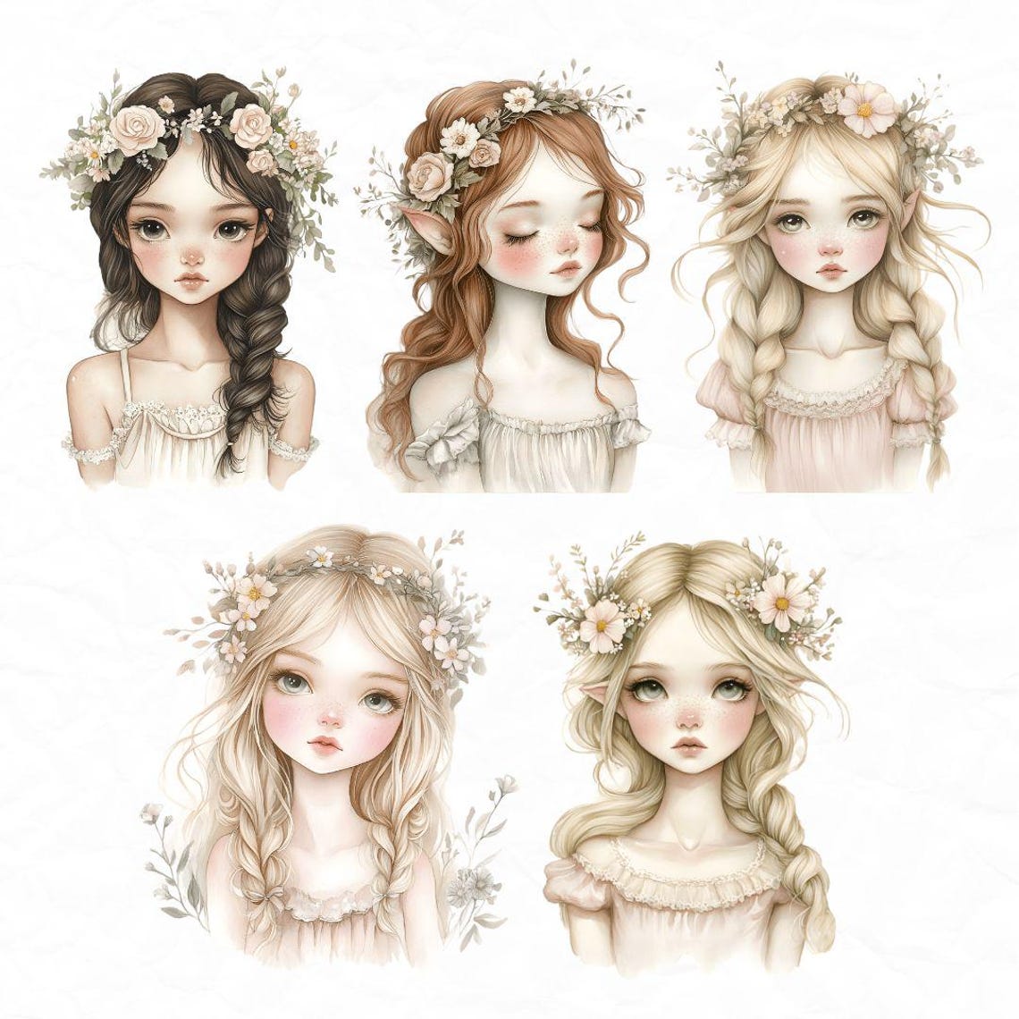 Meadow Elf Portrait Clipart, Flower Fairy Clipart, Spring Floral ...