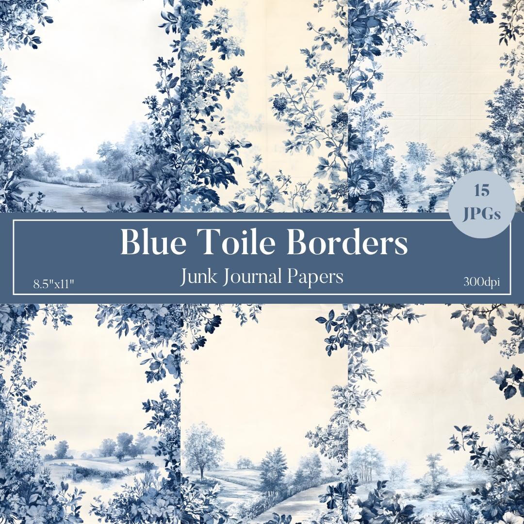 Blue Toile Borders Junk Journal, Floral Scrapbook,toile De Jouy Digital ...