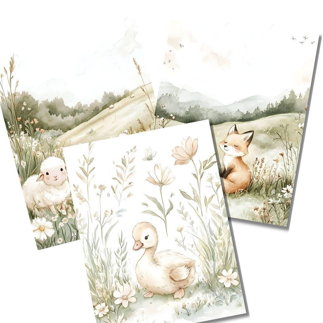 Watercolor Spring Farm Animals Digital Papers, Farm Animal Junk Journal ...