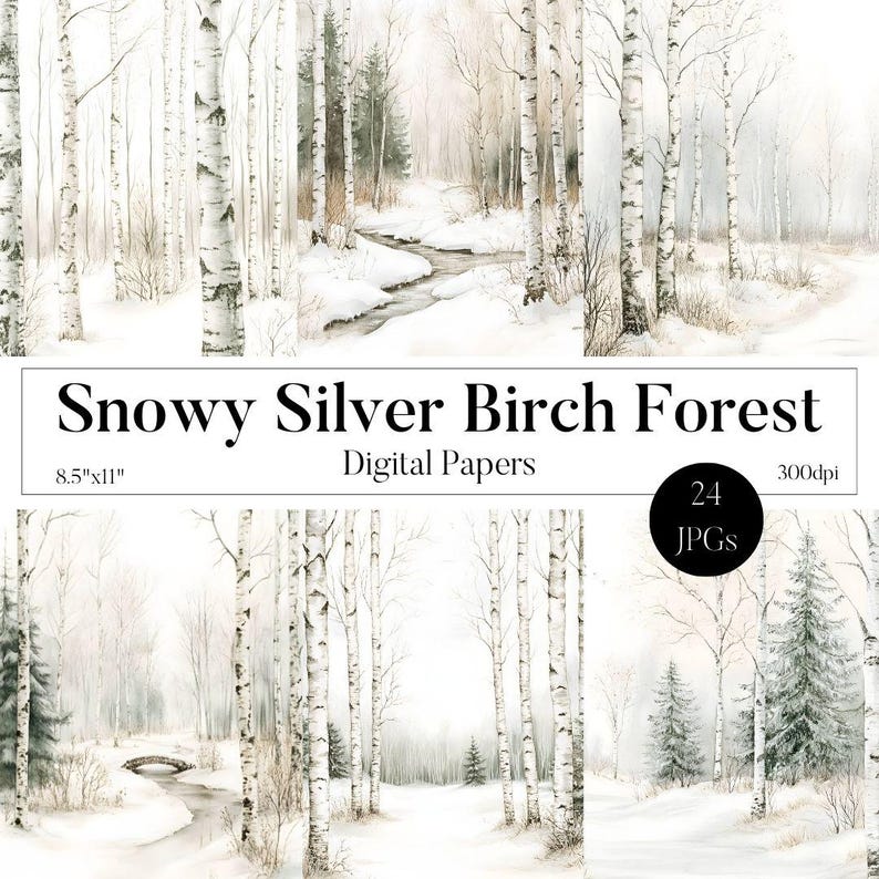 24 Snowy Silver Birch Forest Junk Journal Pages, Snowy Landscape ...